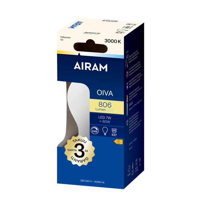 AIRAM OIVA LED VAKIOLAMPPU 7W E27 3000K A60 806LM 15 000H